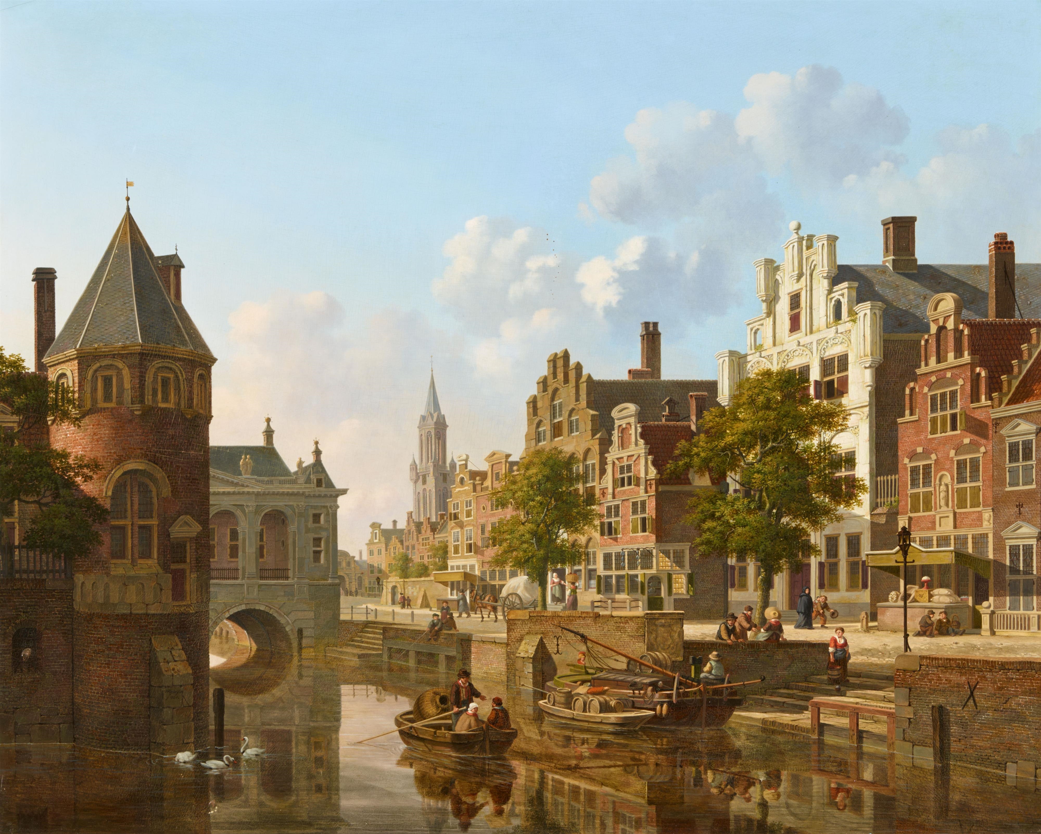 Jan Hendrik Verheijen | Busy Scene on a Canal in a Dutch Town (1820 ...
