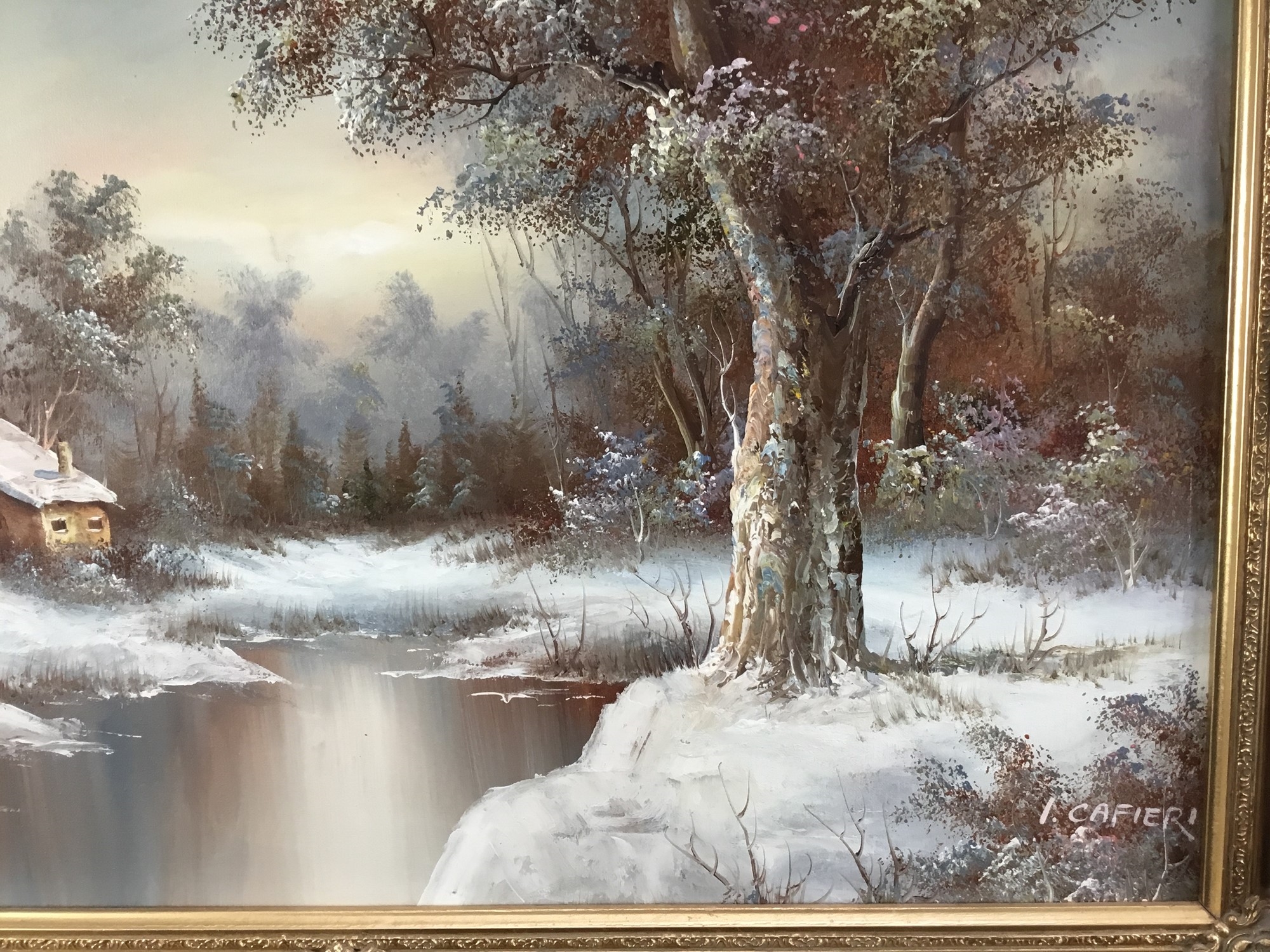 Irene Cafieri | winter woodland scene with cottage in foreground ...