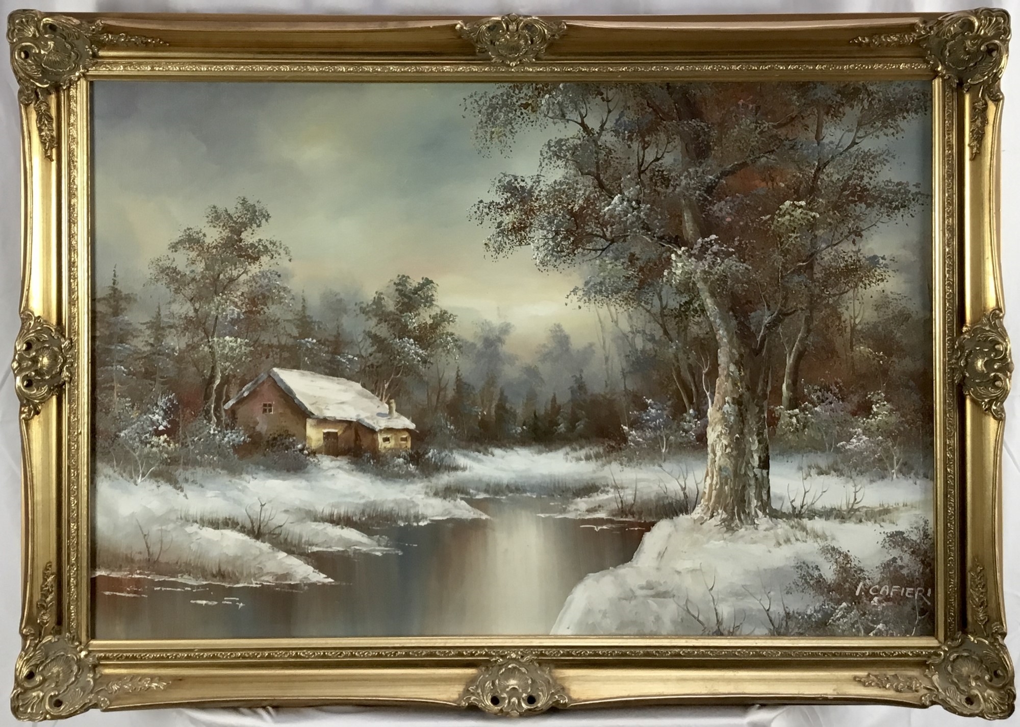 Irene Cafieri | winter woodland scene with cottage in foreground ...