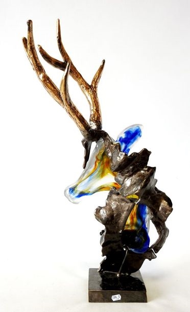 Yves Lohé | Yves LOHE (born 1947) Stag's head in glass paste in shades ...