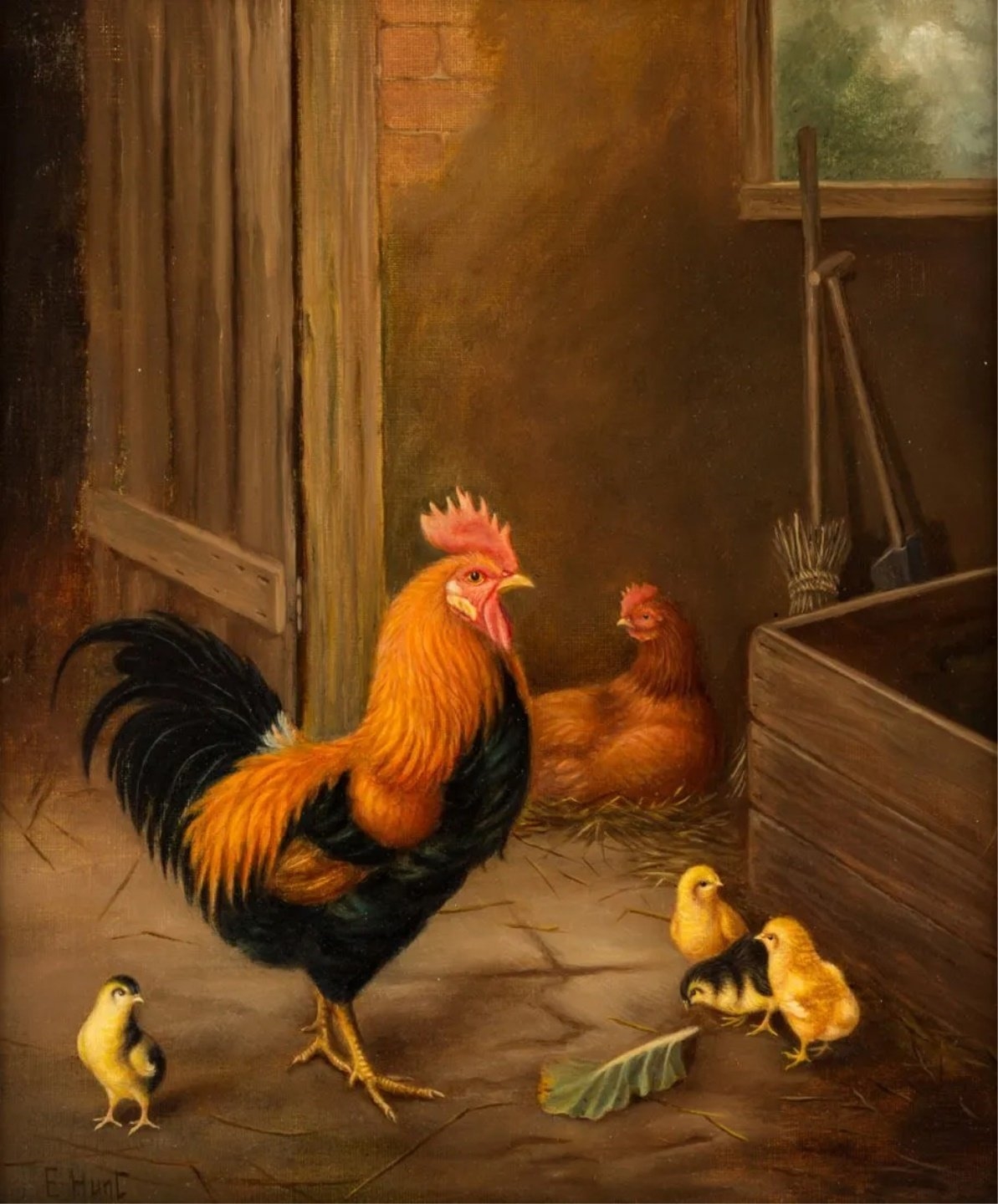 Edgar Hunt | Family of Chickens in Barn (1876) | MutualArt