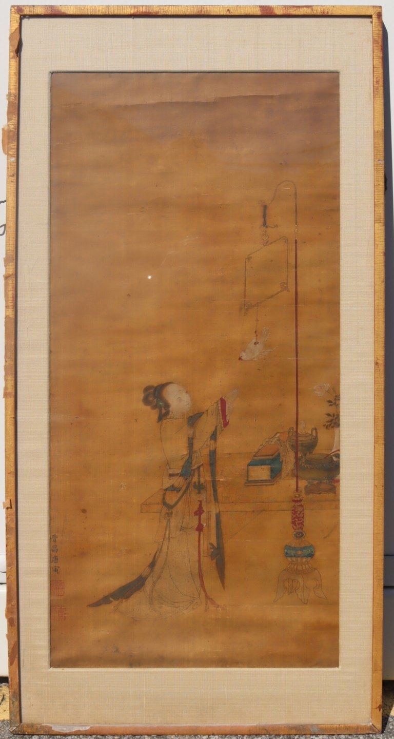 Tang Yin | Signed Chinese Watercolor Painting of a Girl Bid Place ...