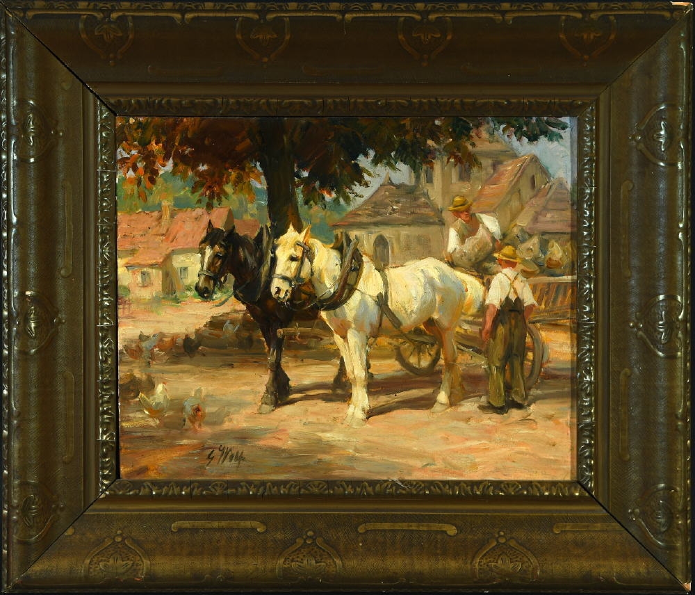 Georg Wolf | Dorfplatz mit Pferdekarren und Bauern | MutualArt