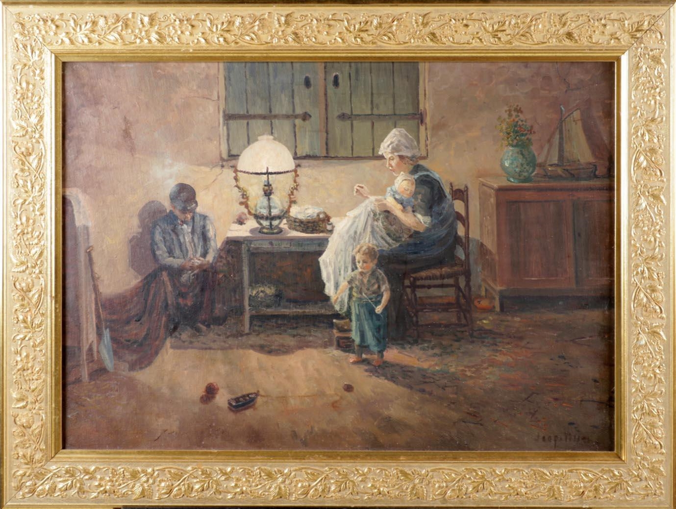 Joseph Johannes (joop) Visser | Interieurgezicht met moeder en kinderen ...