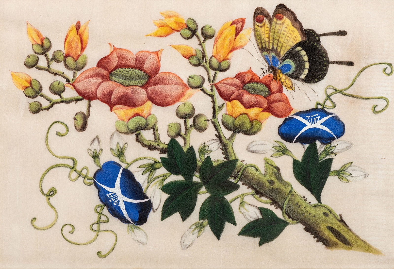 Chinese Export School | Three Chinese Pith Paintings of Butterflies and ...
