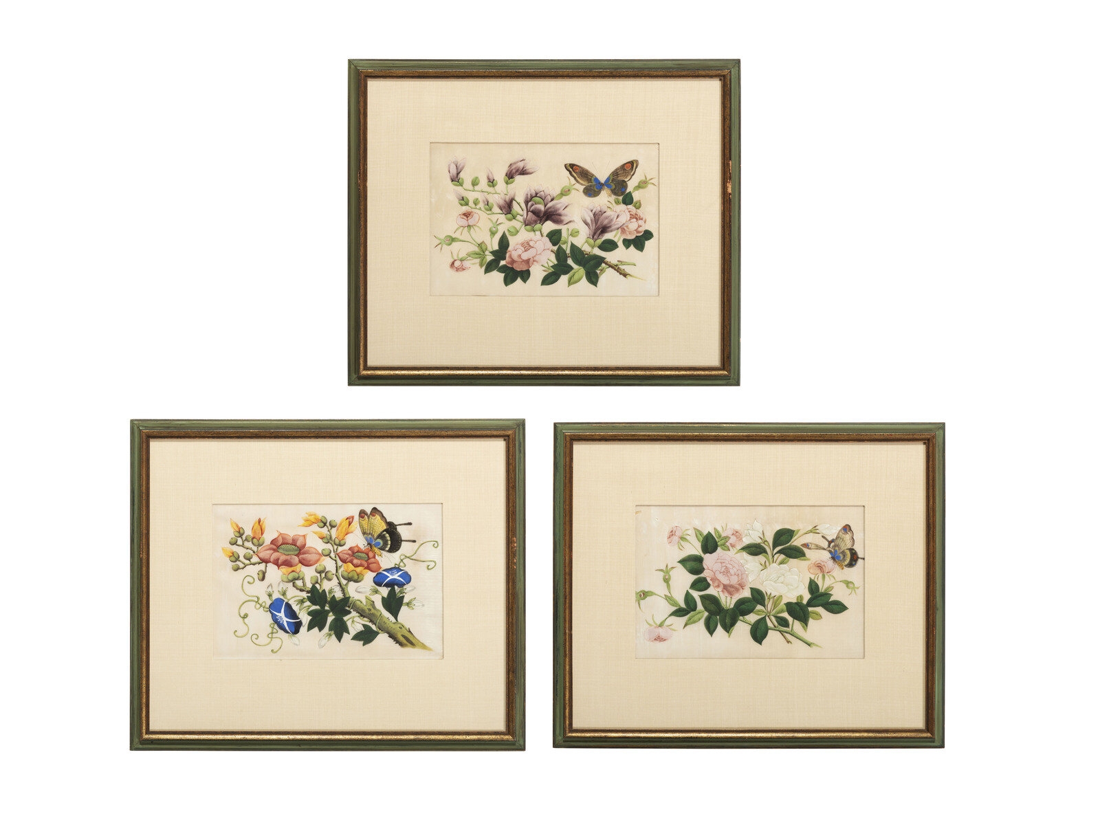 Chinese Export School | Three Chinese Pith Paintings of Butterflies and ...