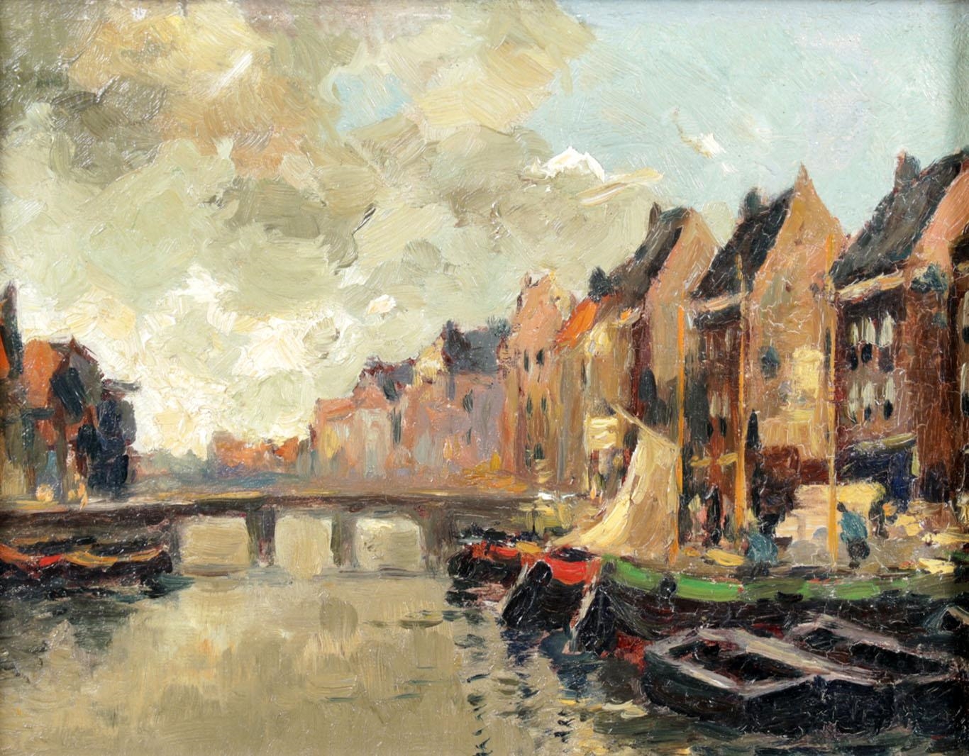 Johannes Pietersen | Grachtgezicht met pakhuizen | MutualArt