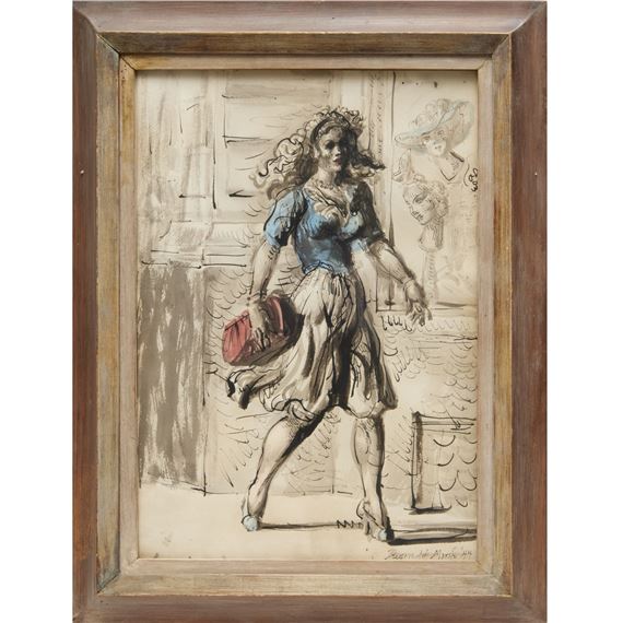 Reginald Marsh | Girl Walking by a Millinery Shop (1944) | MutualArt
