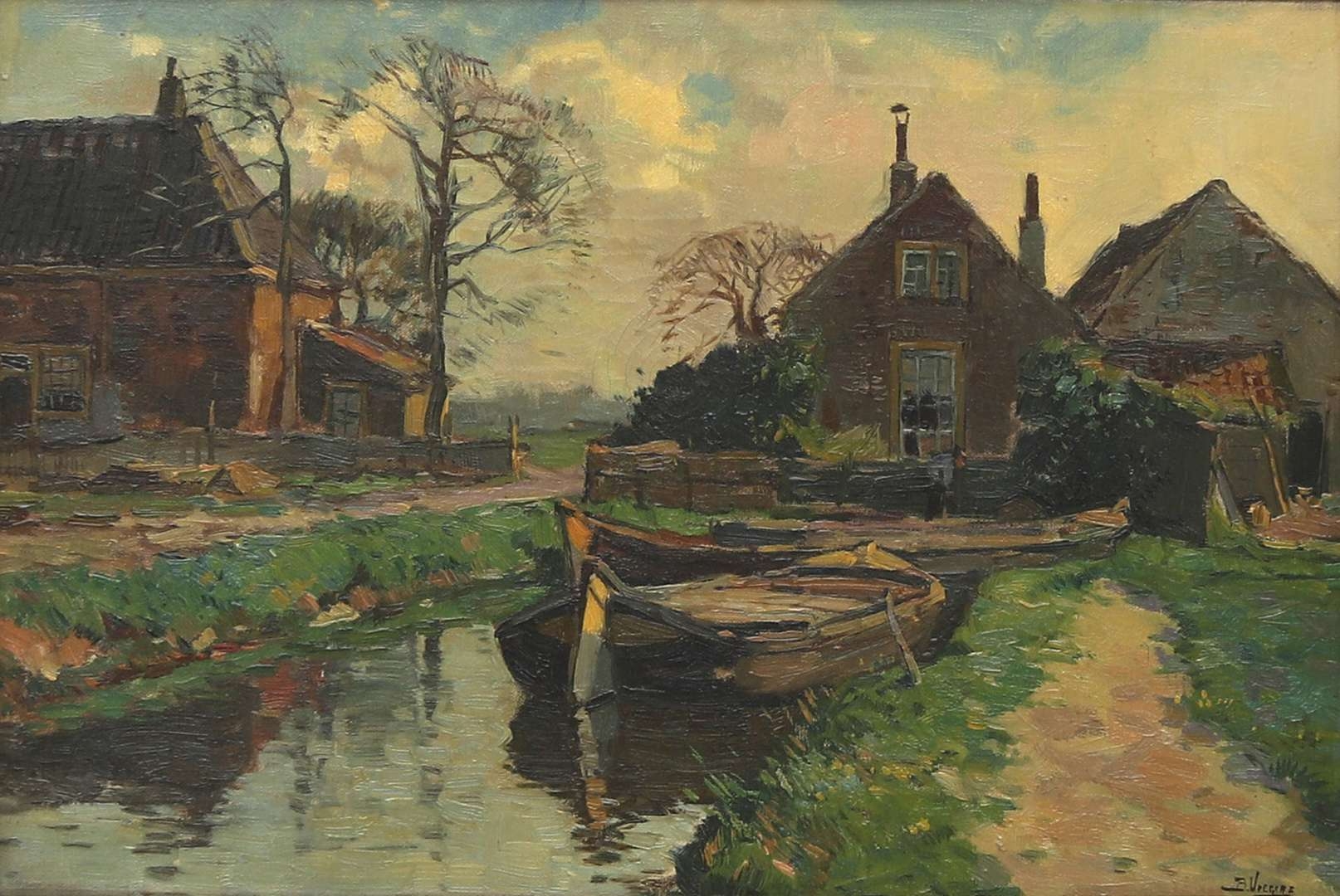 Bernadus Viegers | Polder canal with farms and moored flat barges ...