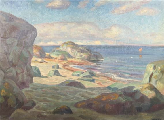 Otto Hennig | coastal scene with distant fishing boat | MutualArt