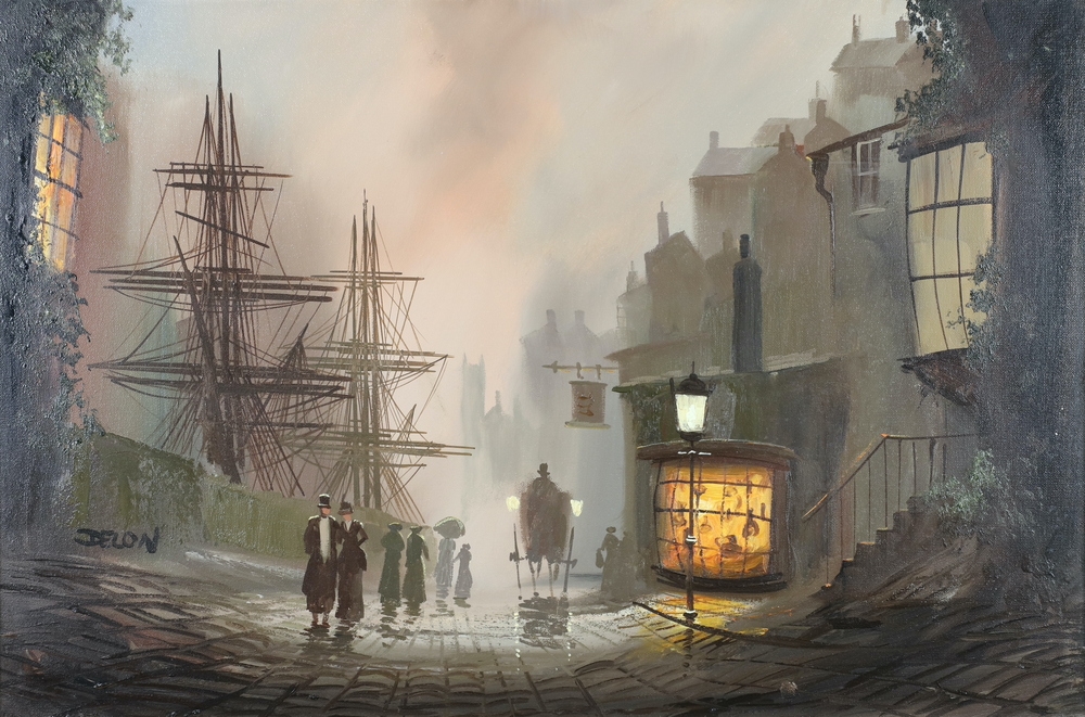 Donald Hughes | atmospheric night time harbour side scene with figures ...