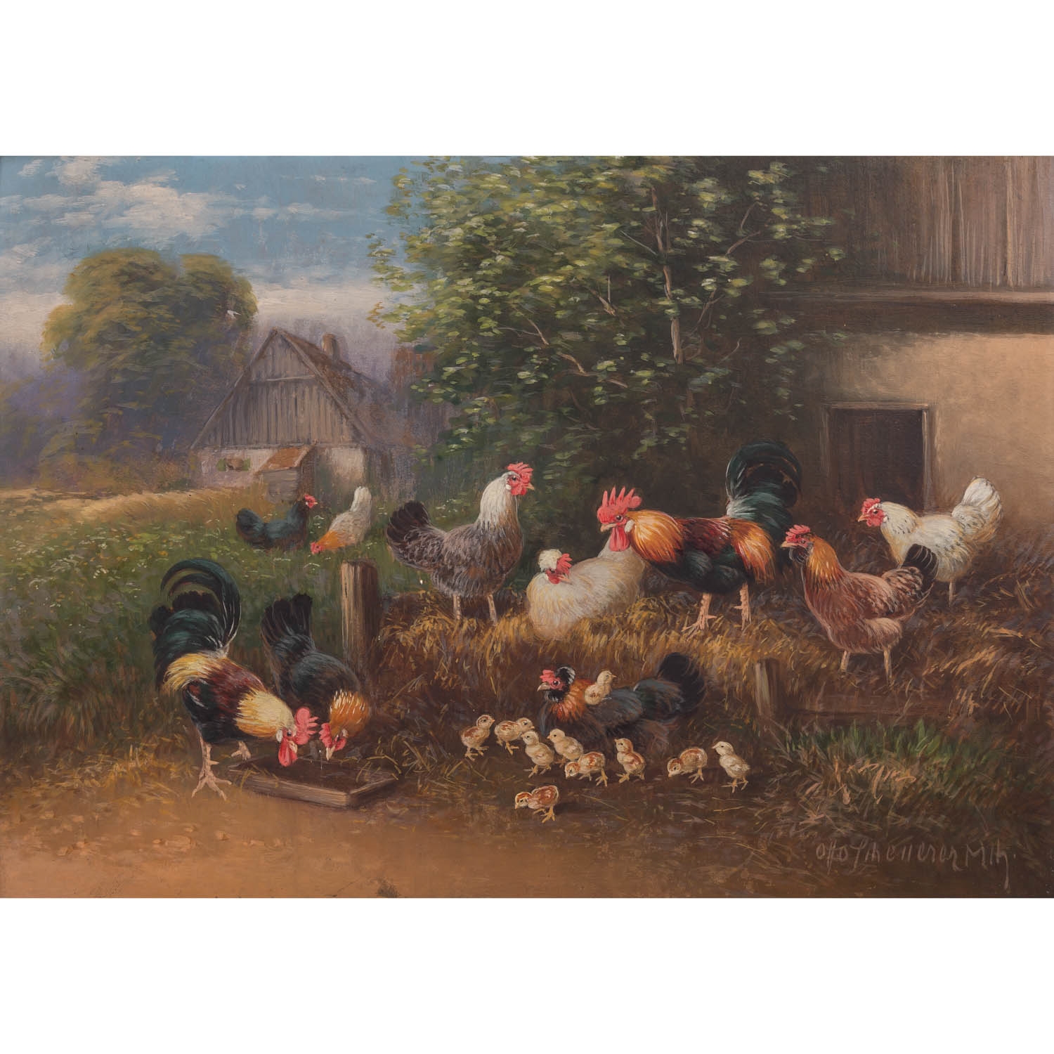 Scheuerer, Otto | Hühner mit Küken im Garten hinter dem Hof | MutualArt