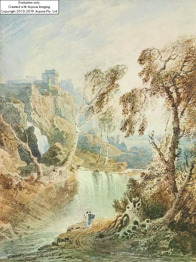 John Martin | Figures by a waterfall, with a town on a hill beyond ...