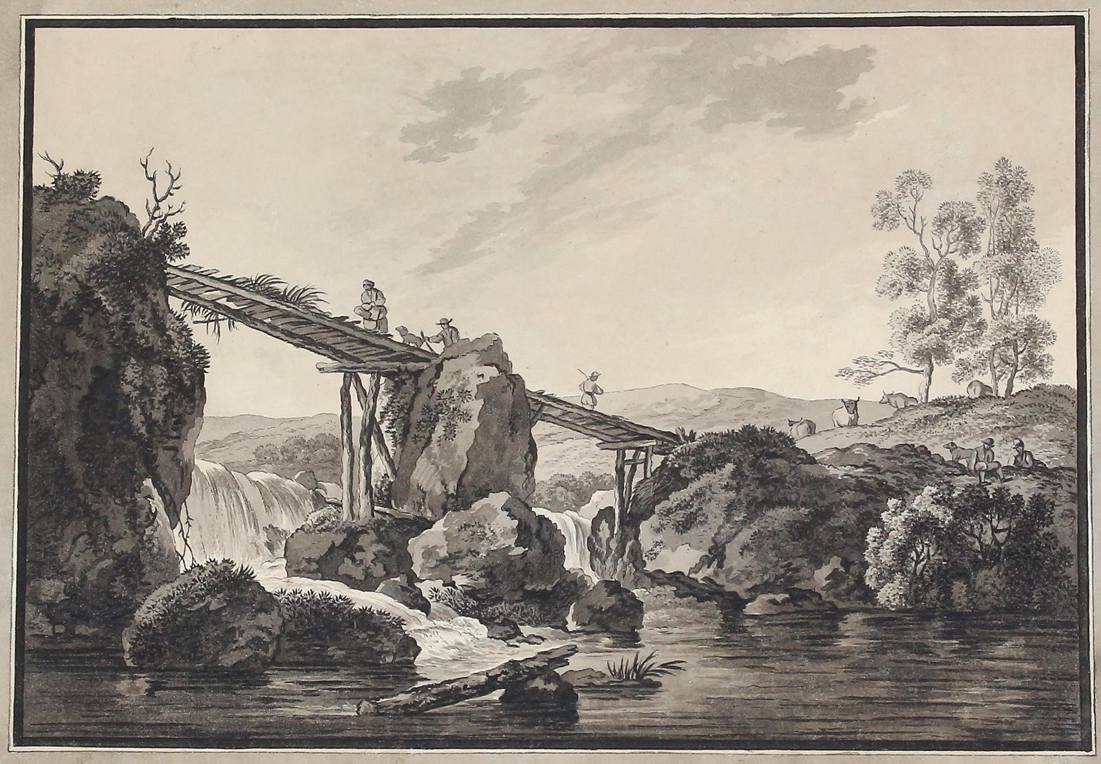 Balthazar Anton Dunker | Flussbett mit Wasserfall und hoher Brücke ...