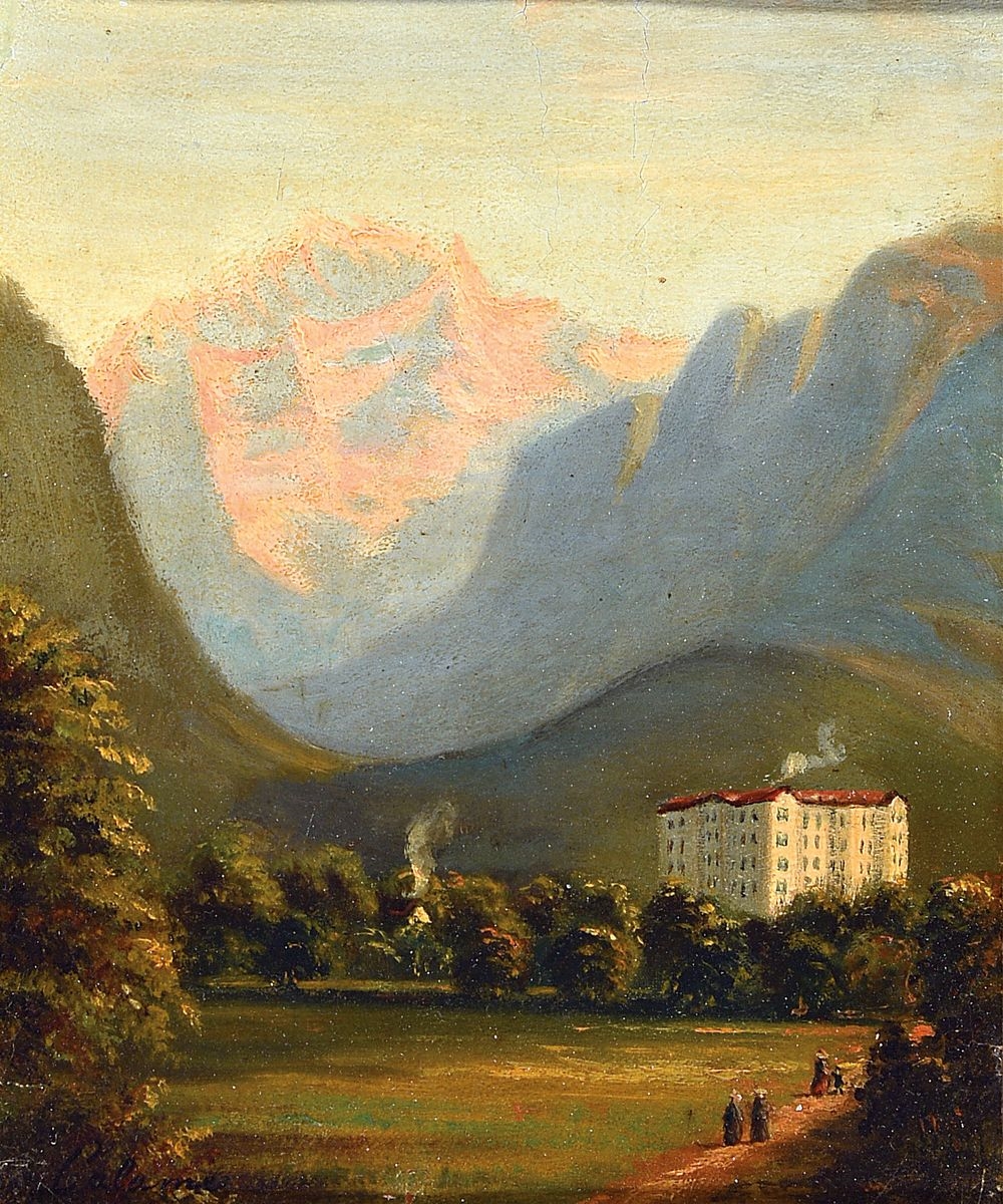 Alexandre Calame | A figure on a beaten track by a lake, with mountains ...