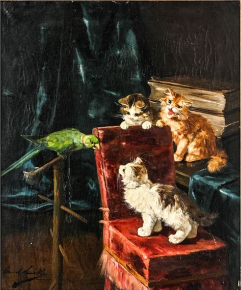 Alfred Brunel de Neuville | Three kittens and a parrot | MutualArt