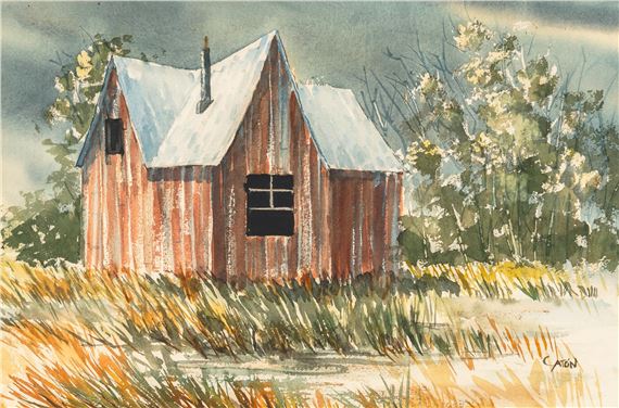 David Caton | Red Barn Watercolor | MutualArt