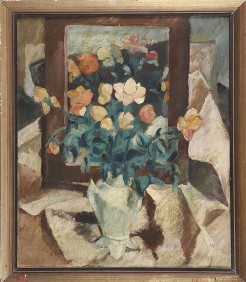 Modernist School, 20th Century | Vase of flowers on an entablature ...