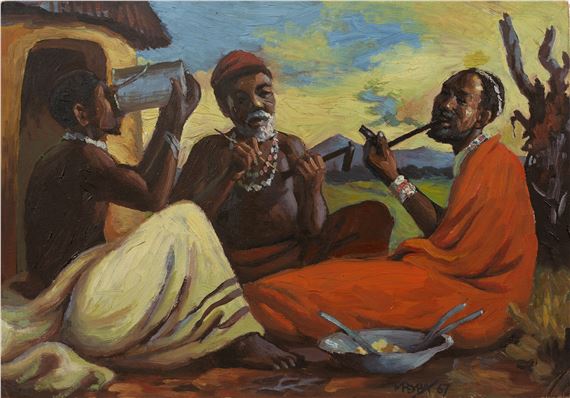 George Pemba | Three Men Enjoying Lunch (1967) | MutualArt