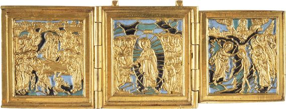 Central Russian School, 19th Century | A TRIPTYCH SHOWING THE DESCENT INTO HELL FLANKED BY THE ...