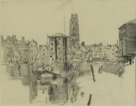 James Kerr-Lawson | Harbour town with moored boat | MutualArt