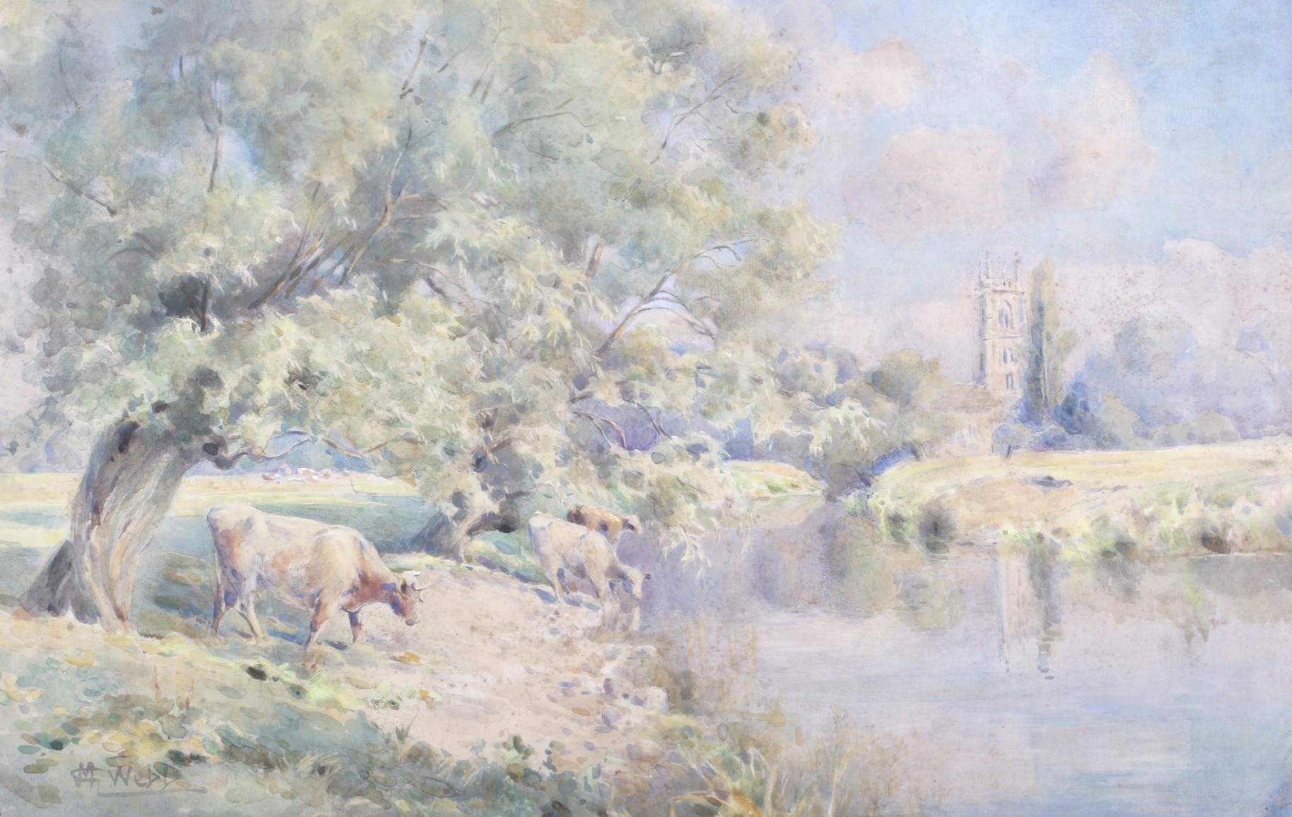 M. G. Webb | cows drinking at a river | MutualArt