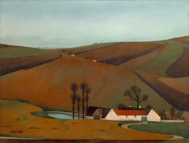 Vlastimil Benes | Farmhouse in the brown fields (1977) | MutualArt