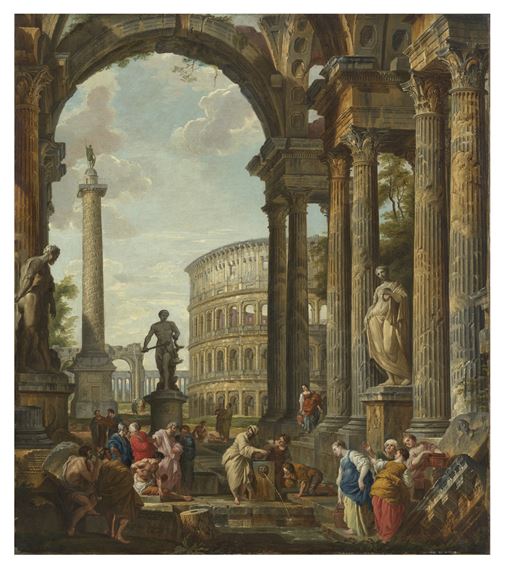 Giovanni Paolo Pannini | A classical capriccio with the Colosseum, Trajan's column and the ...