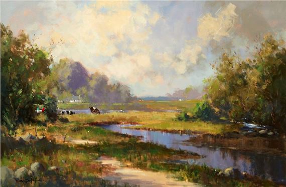 George Gillespie | RIVER LANDSCAPE CHILDREN AND CATTLE | MutualArt