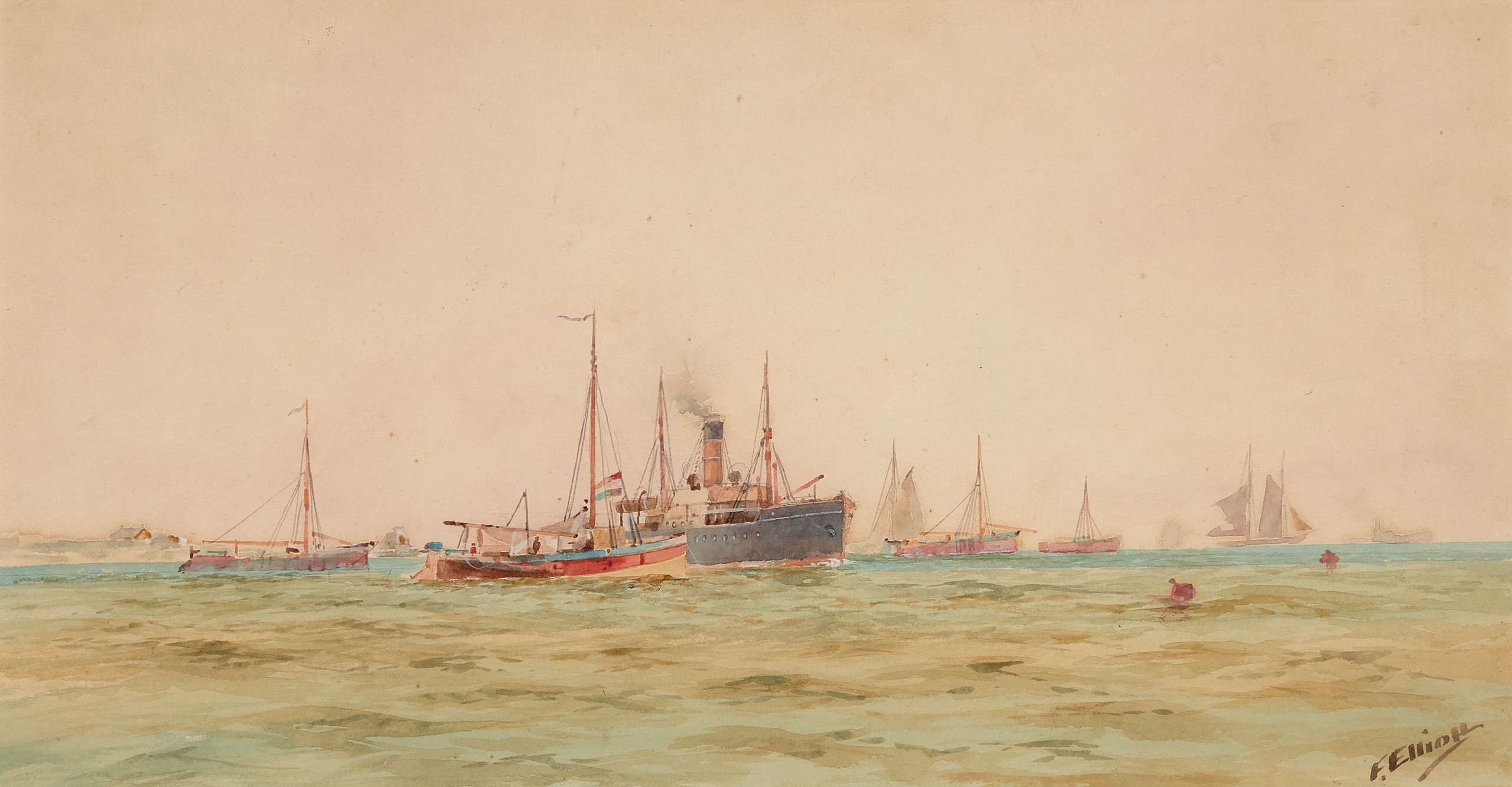 Frederick James Elliot | Steam and Ships in the Harbour | MutualArt