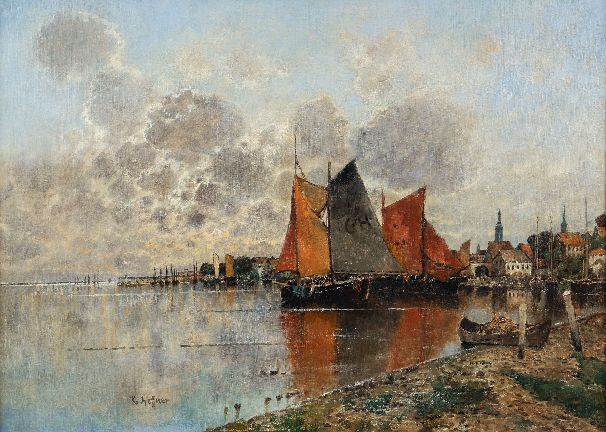 Karl Heffner | River landscape at evening light with a small town at ...