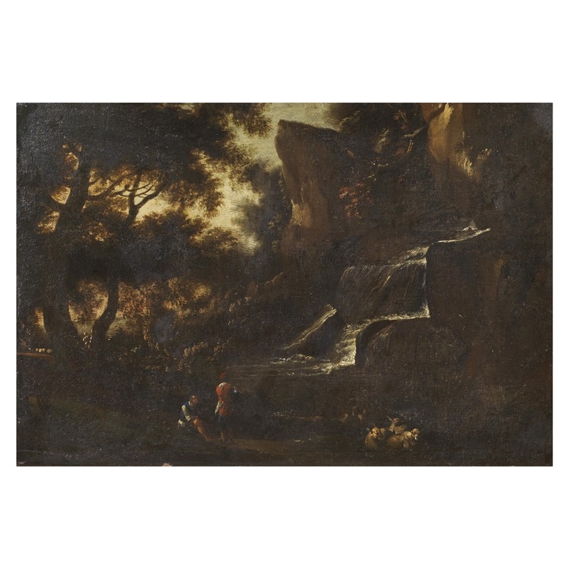 Neapolitan School, 17th Century | A LANDSCAPE WITH WATERFALL, FIGURES AND HERDS | MutualArt