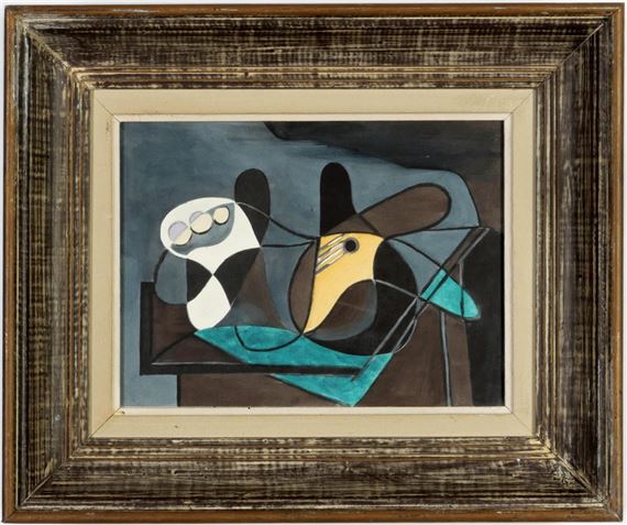Pablo Picasso | Fruttiera e chitarra su fondo grigio (1955) | MutualArt