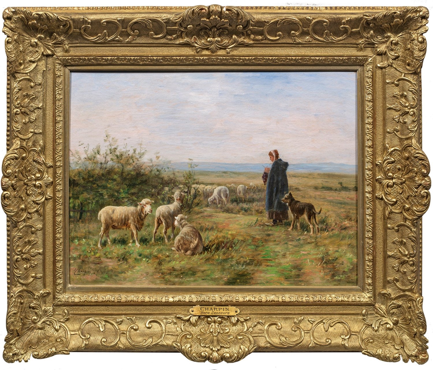 Albert Charpin | Strickende Schafhirtin mit ihrem Hund in weiter ...
