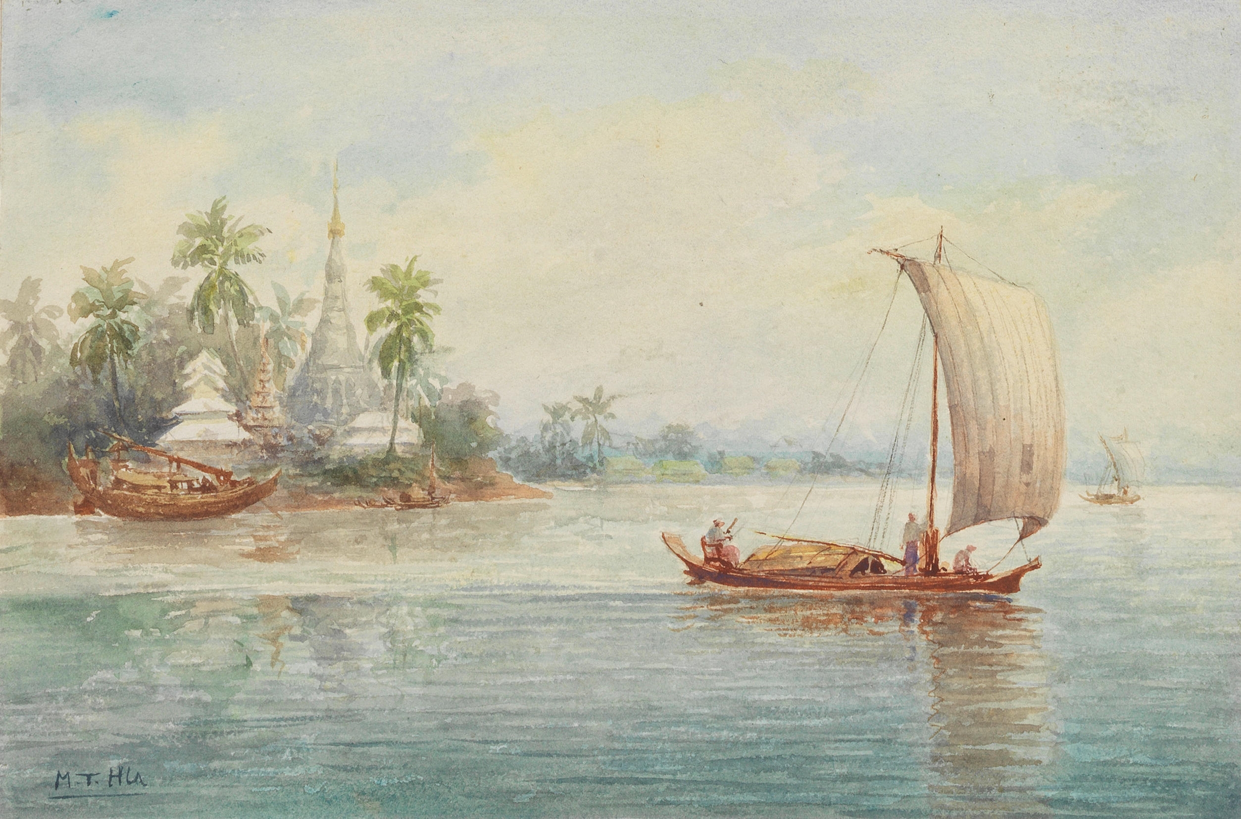Mg Tun Hla | Two views of the Irrawaddy River, Burma. Together with a smaller watercolour of a ...