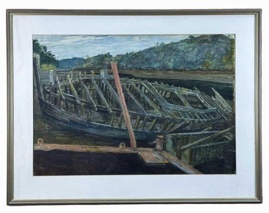 Philip Muirden | A boatyard with a boat under construction | MutualArt