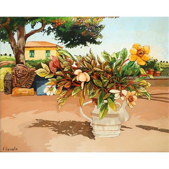 Filippo Curiale | Still life of flowers with tree and house | MutualArt