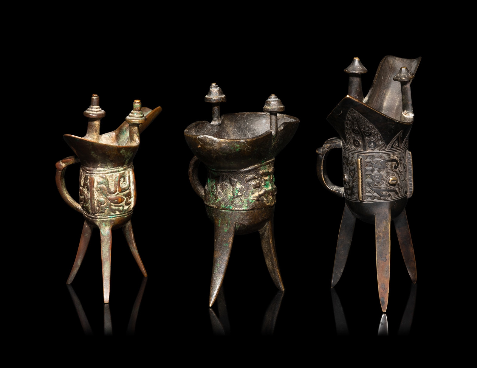 Chinese School | Three Chinese Archaistic Bronze Jue Drinking Cups ...