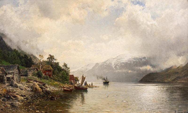 Anders Askevold | Fjord Landscape with Folk Life (1889) | MutualArt