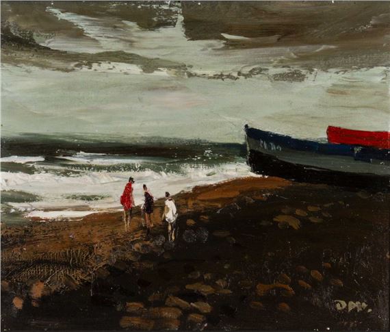 Donald McIntyre | ‡ DONALD McINTYRE oil on board - figures on shoreline ...