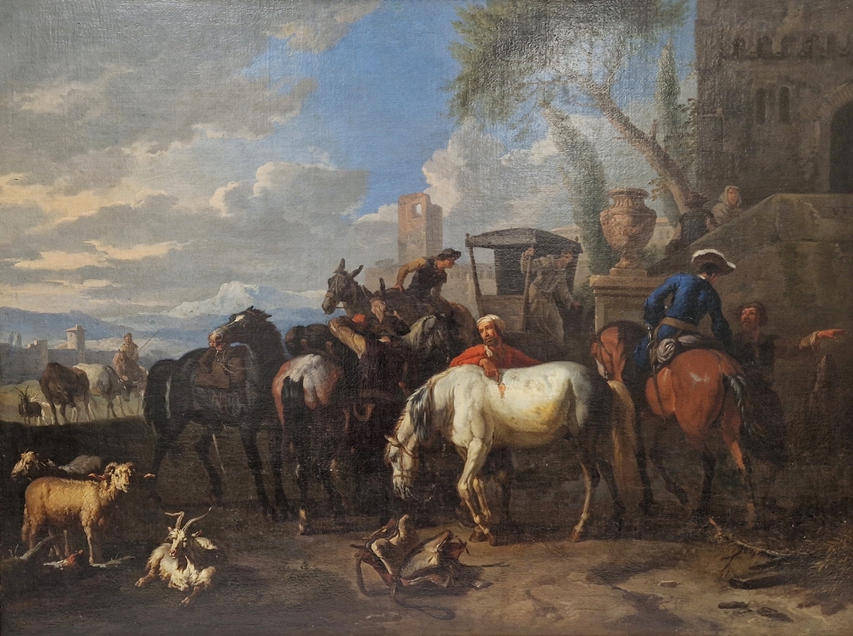 Philipp Peter Roos | Lakeside landscape with figures on horseback in ...