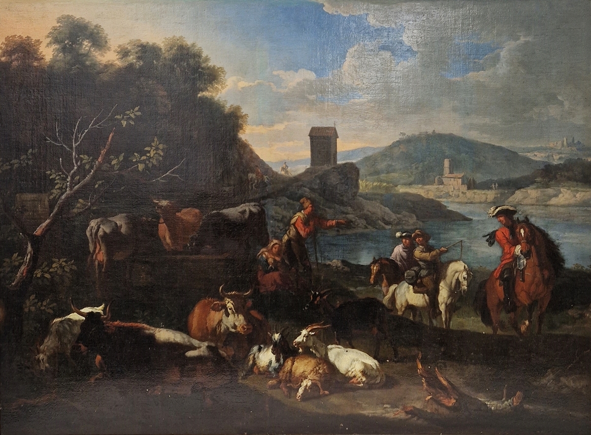 Philipp Peter Roos | Lakeside landscape with figures on horseback in ...