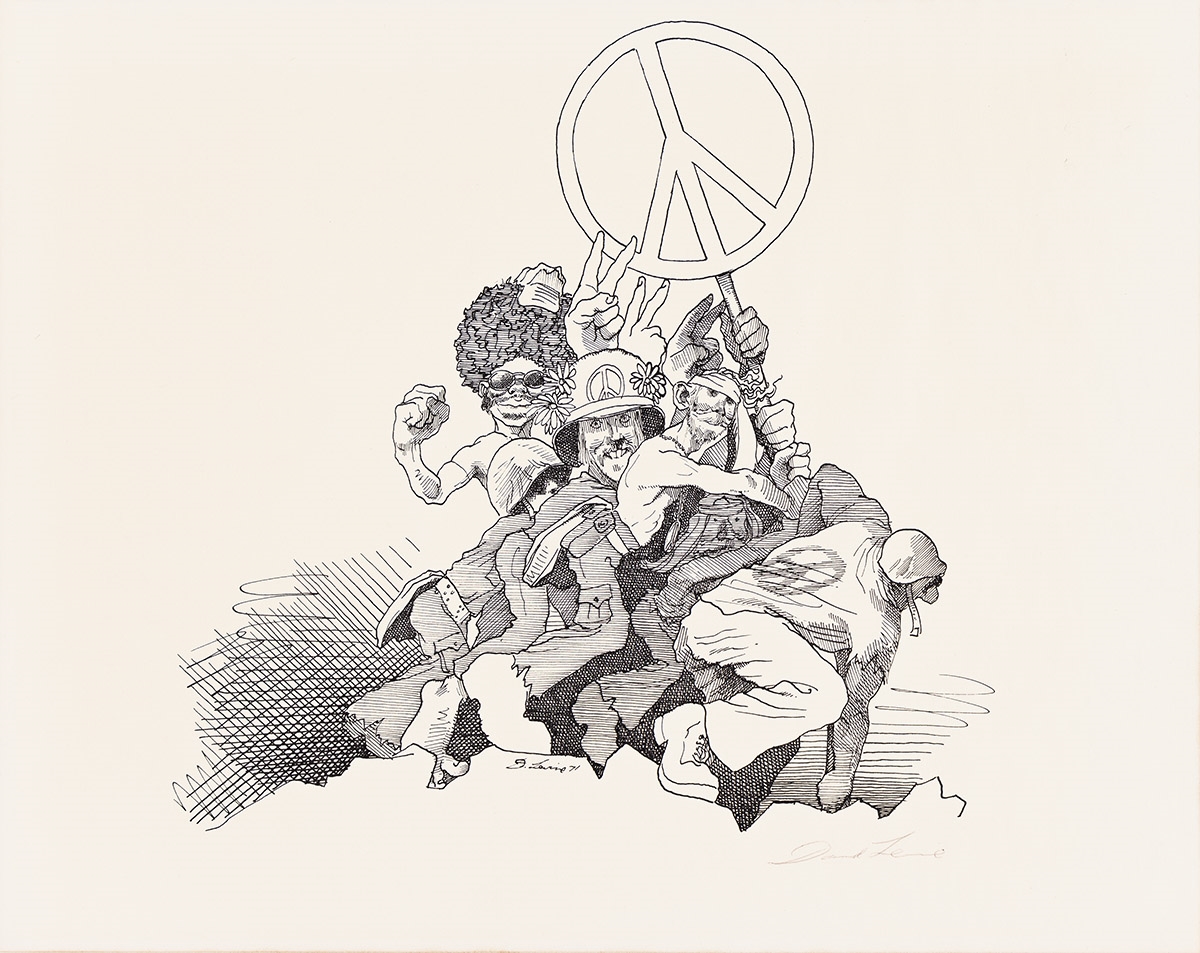 David Levine | Raising the Peace Sign on Iwo Jima. (1971) | MutualArt