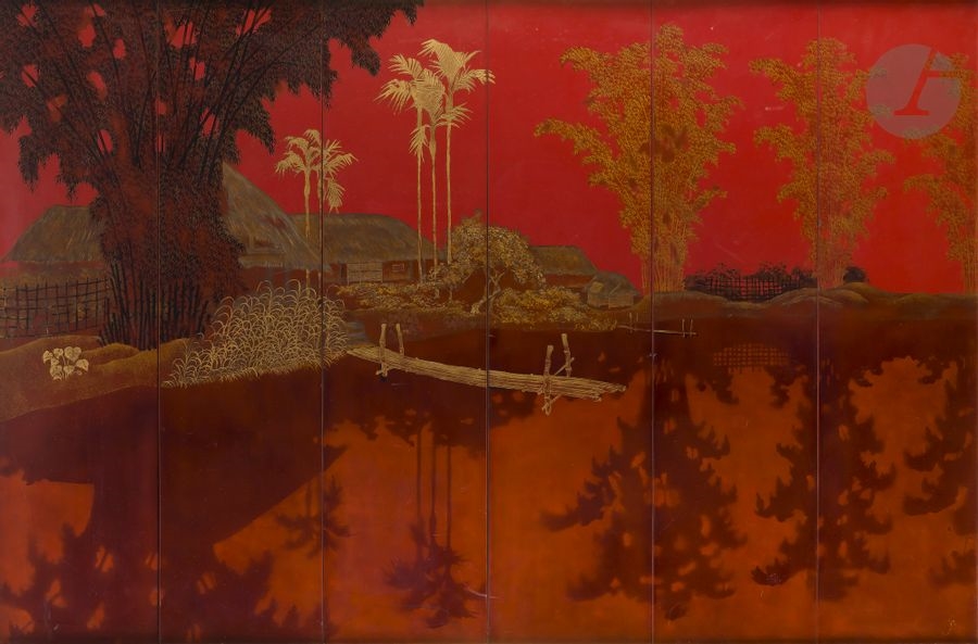 Pham Hau | Predominantly red lacquer screen (Mid 20th Century) | MutualArt