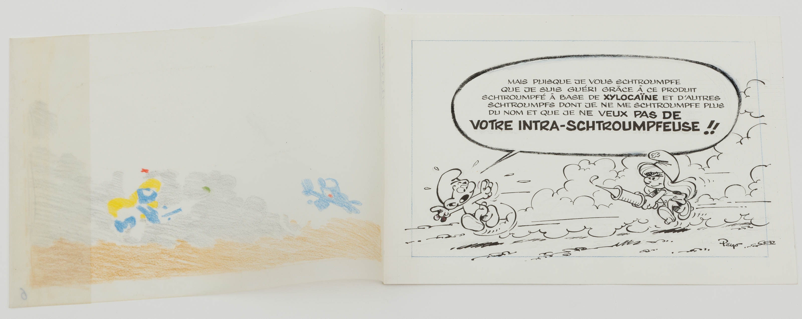 Peyo | Originele tekening van de Smurfen, voor een publicitaire actie ...