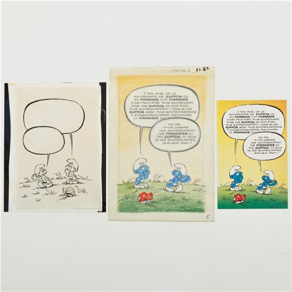 Peyo | Originele tekening van de Smurfen, voor een publicitaire actie ...