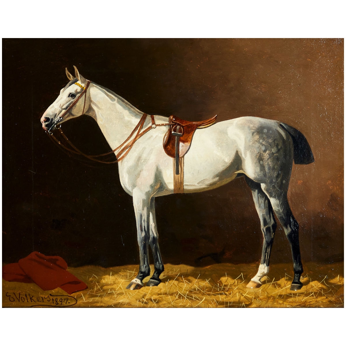 Emil Volkers | Bay, Saddled in the Stable (1901) | MutualArt