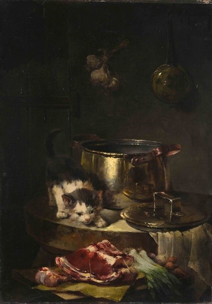 Maurice Louis Monnot | Le chat et la côte de boeuf Huile sur toile ...