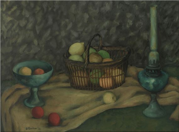 David Strachan | Still life with fruit and an oil lamp (1953) | MutualArt