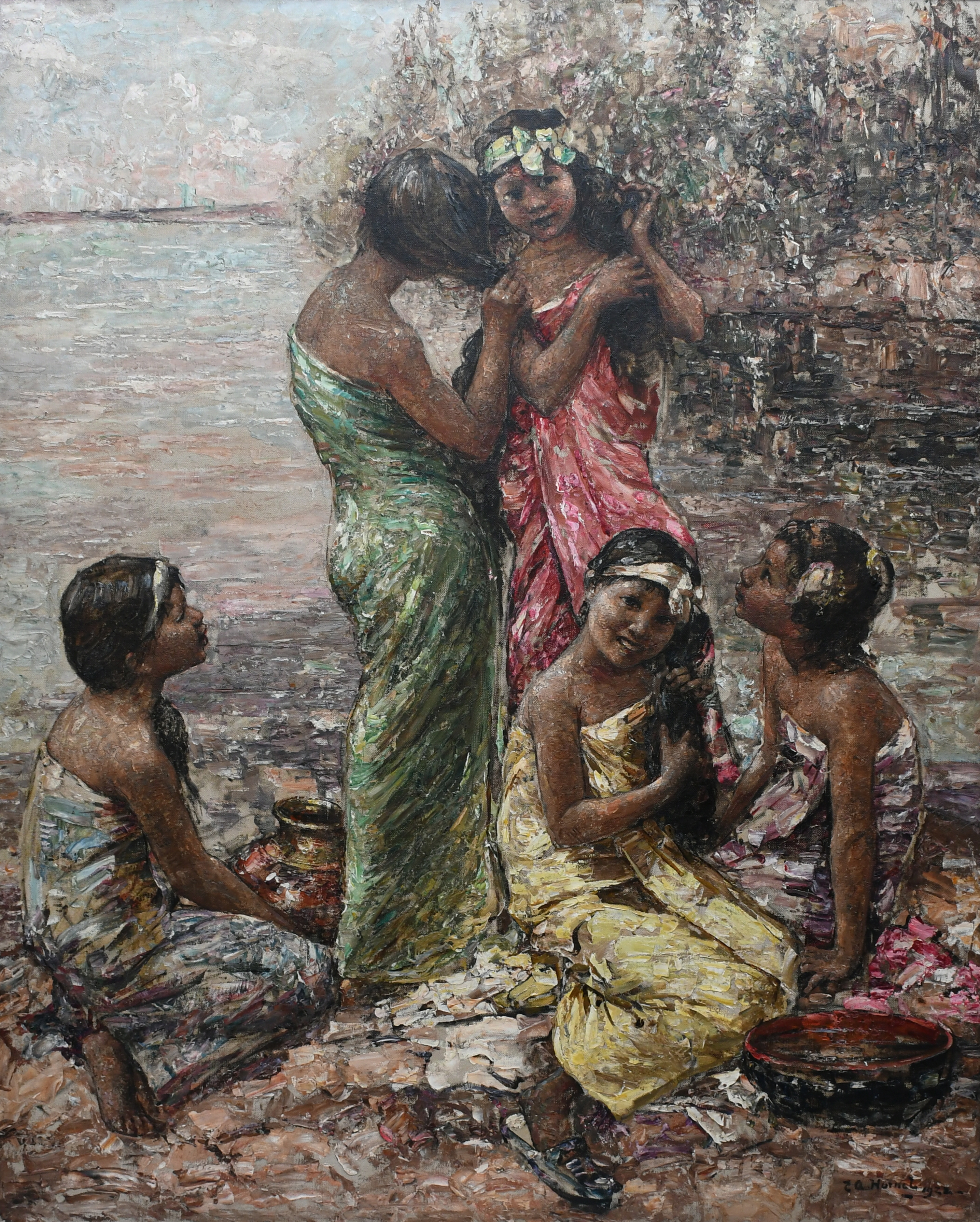 Edward Atkinson Hornel | Burmese girls on the banks of the Irrawaddy ...